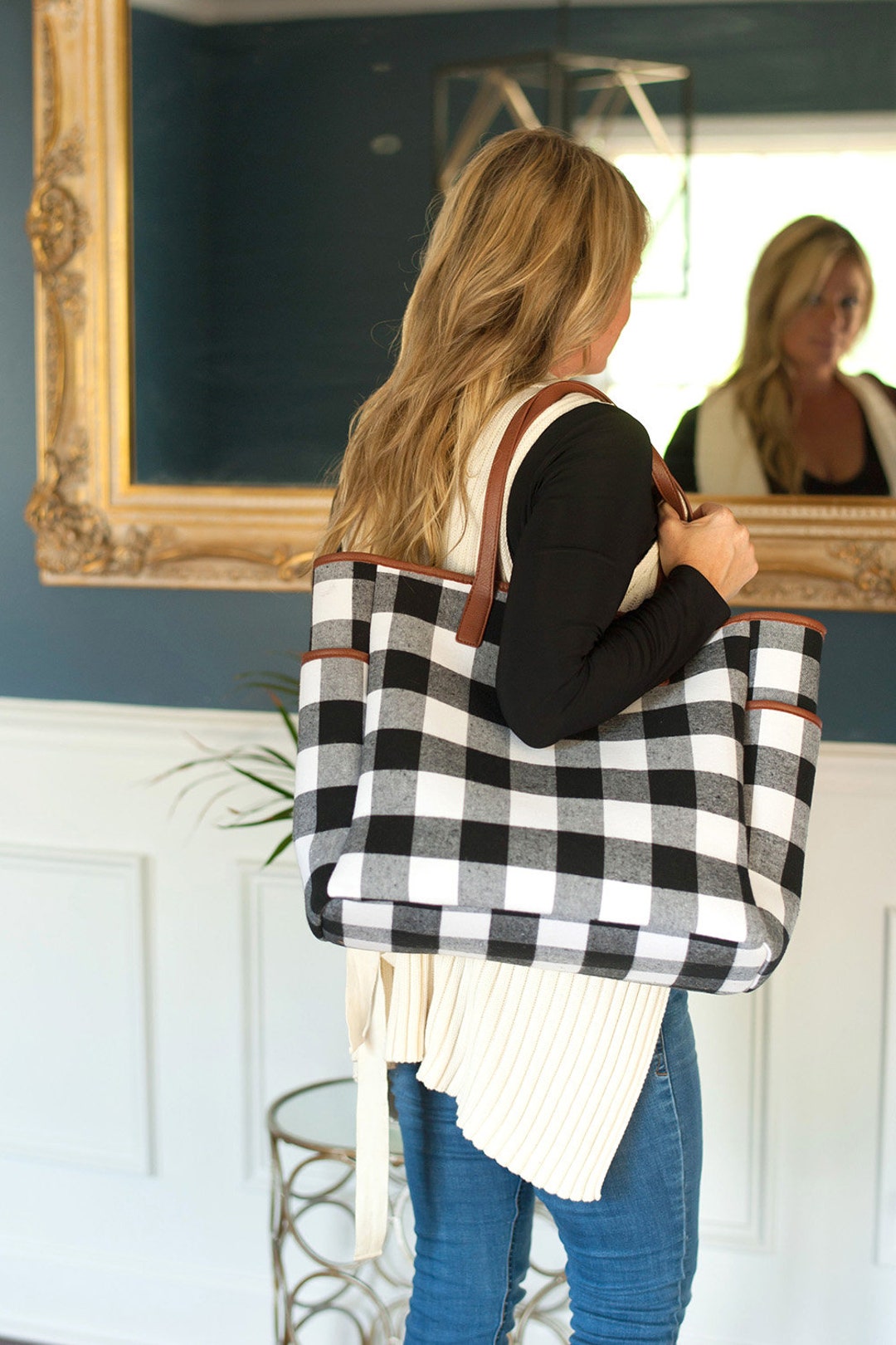 Monogrammed Buffalo Check Tote ~ White & Black Buffalo Check Purse ...