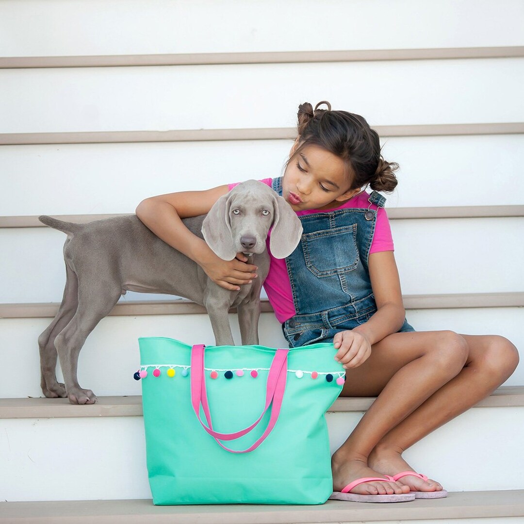 Girl's Monogrammed Tote Bag Monogram Carry All Pom Poms Personalized ...