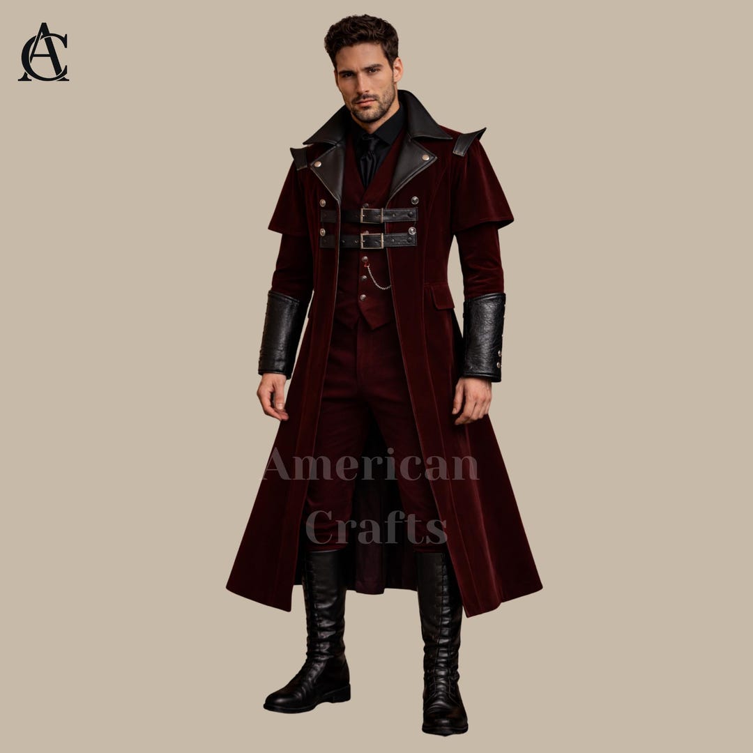 Burgundy Gothic Victorian Steampunk Long Coat Suit Velvet Tailcoat ...