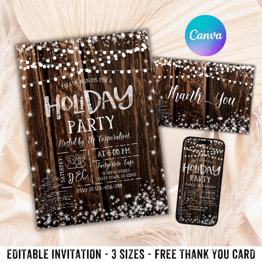 Rustic Holiday Party Invitation, Holiday Party Invite, Wood Holiday ...