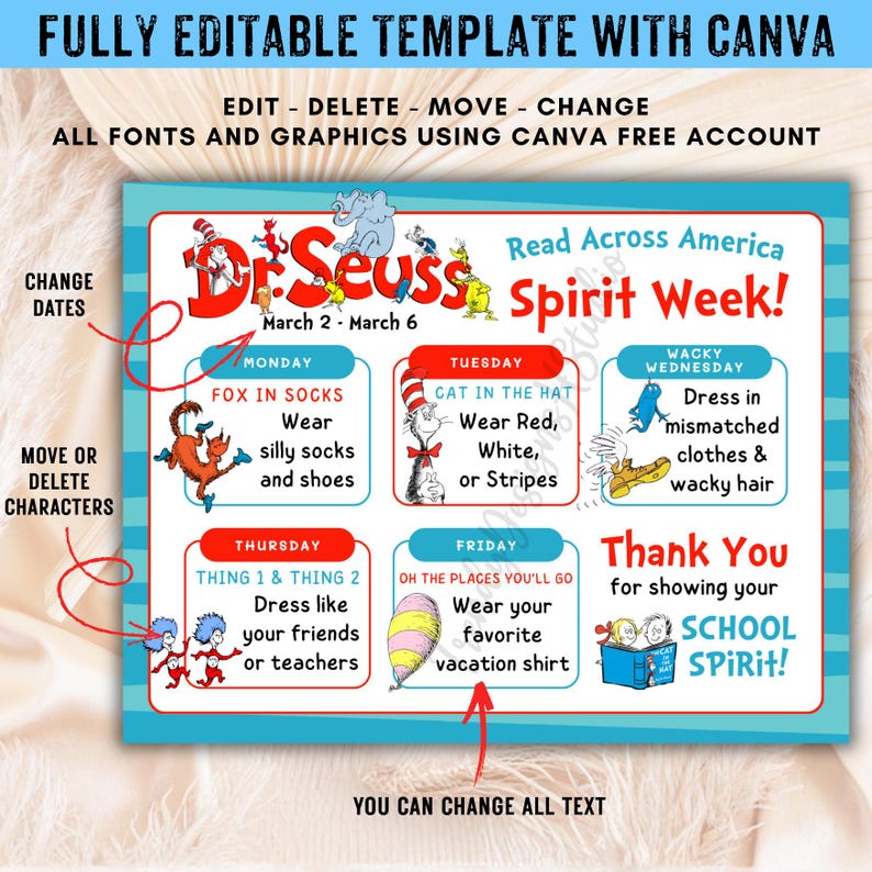 Editable School Spirit Week Schedule, Read Across America Week 2026 ...