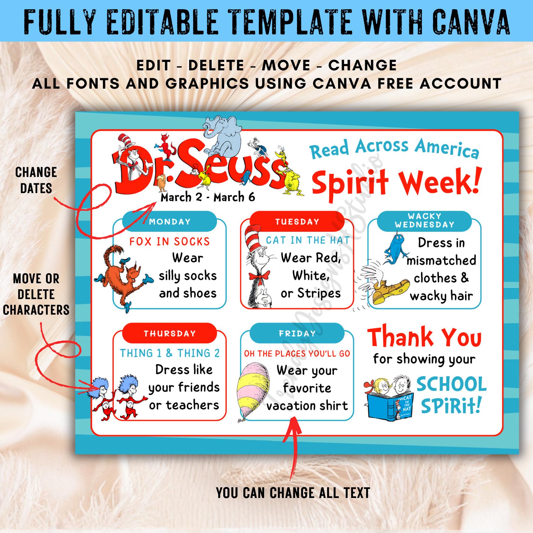 Editable School Spirit Week Schedule, Read Across America Week 2026 ...
