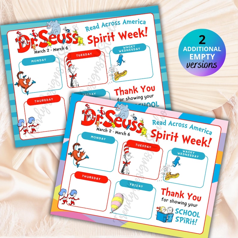 Editable School Spirit Week Schedule, Read Across America Week 2026 ...