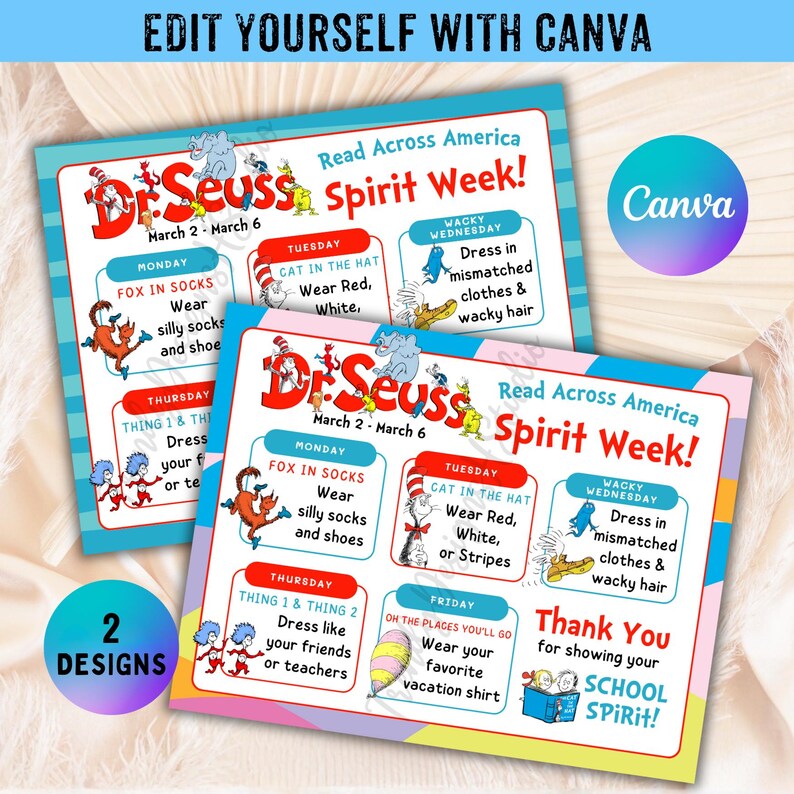 Editable School Spirit Week Schedule, Read Across America Week 2026 ...