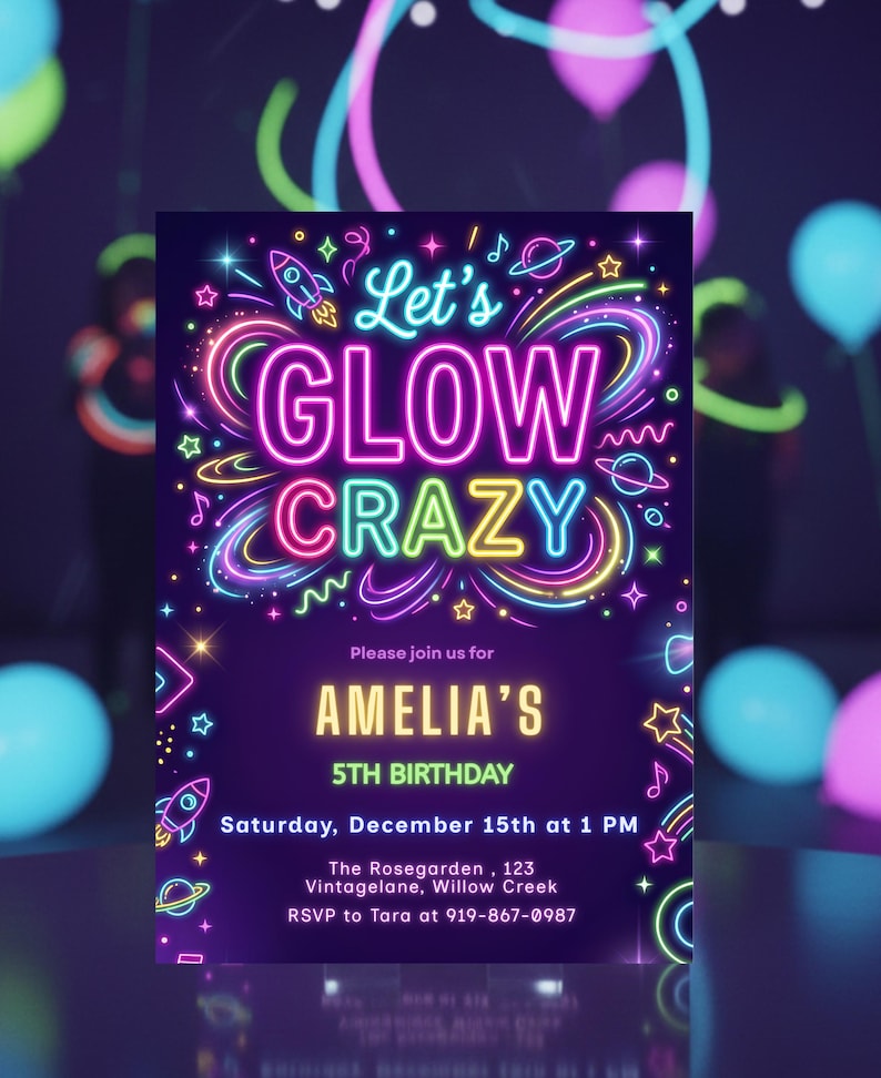 Glow Party Birthday Invitation, Girl's Neon Glow Crazy Invite ...