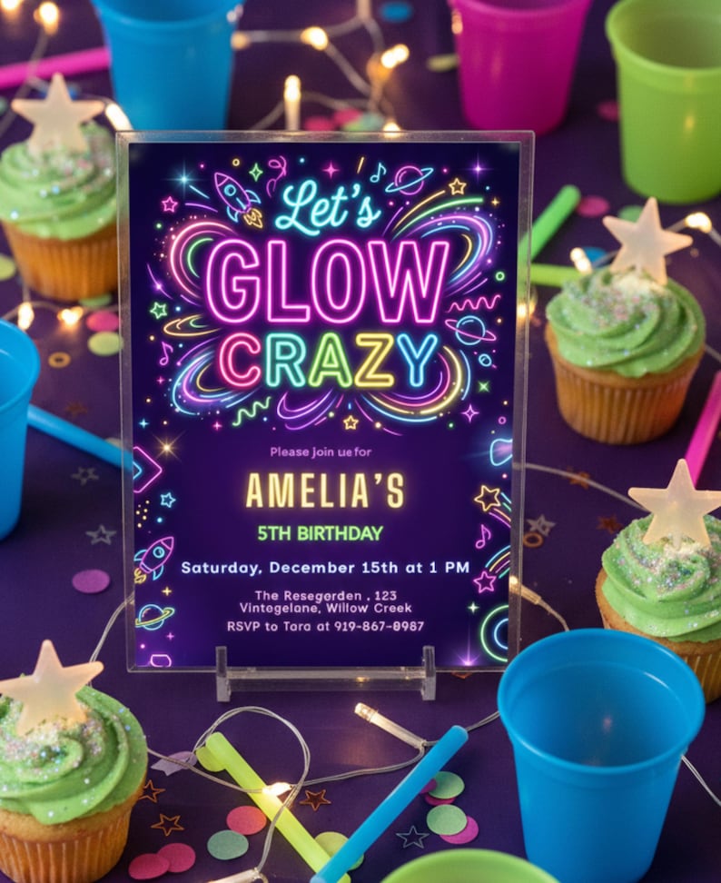 Glow Party Birthday Invitation, Girl's Neon Glow Crazy Invite ...