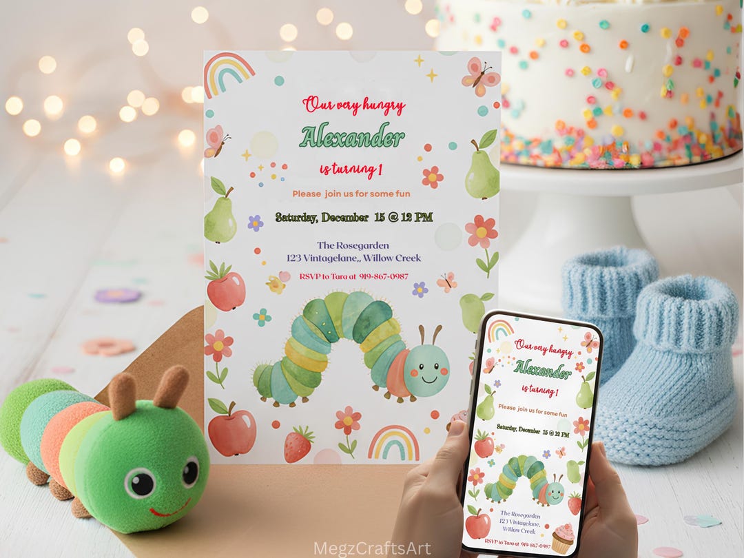 Hungry Caterpillar First Birthday Invitation | Editable Canva Template ...