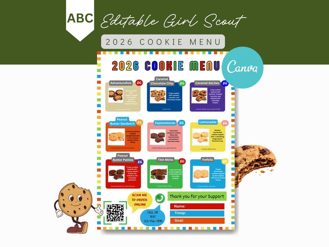 Editable 2026 ABC Girl Scout Cookie Menu With QR Code | Digital ...