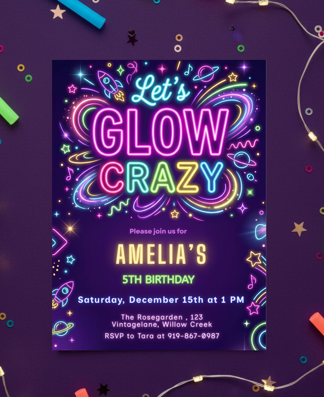 Glow Party Birthday Invitation, Girl's Neon Glow Crazy Invite ...