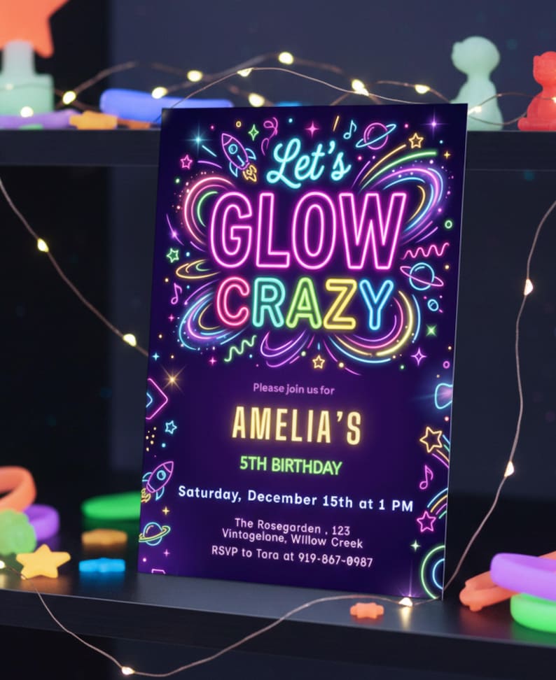 Glow Party Birthday Invitation, Girl's Neon Glow Crazy Invite ...