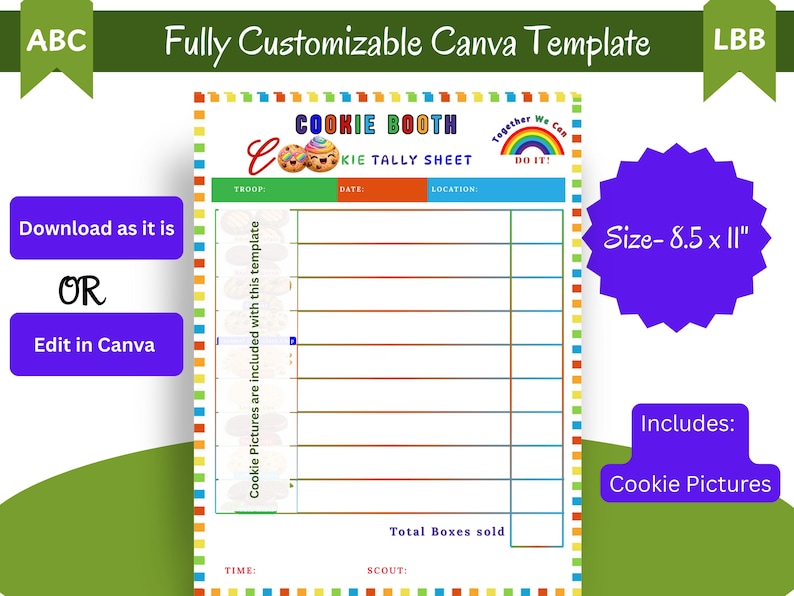 Girl Scout Cookie Tally Sheet, ABC & LBB, Editable Sales Tracker (canva ...