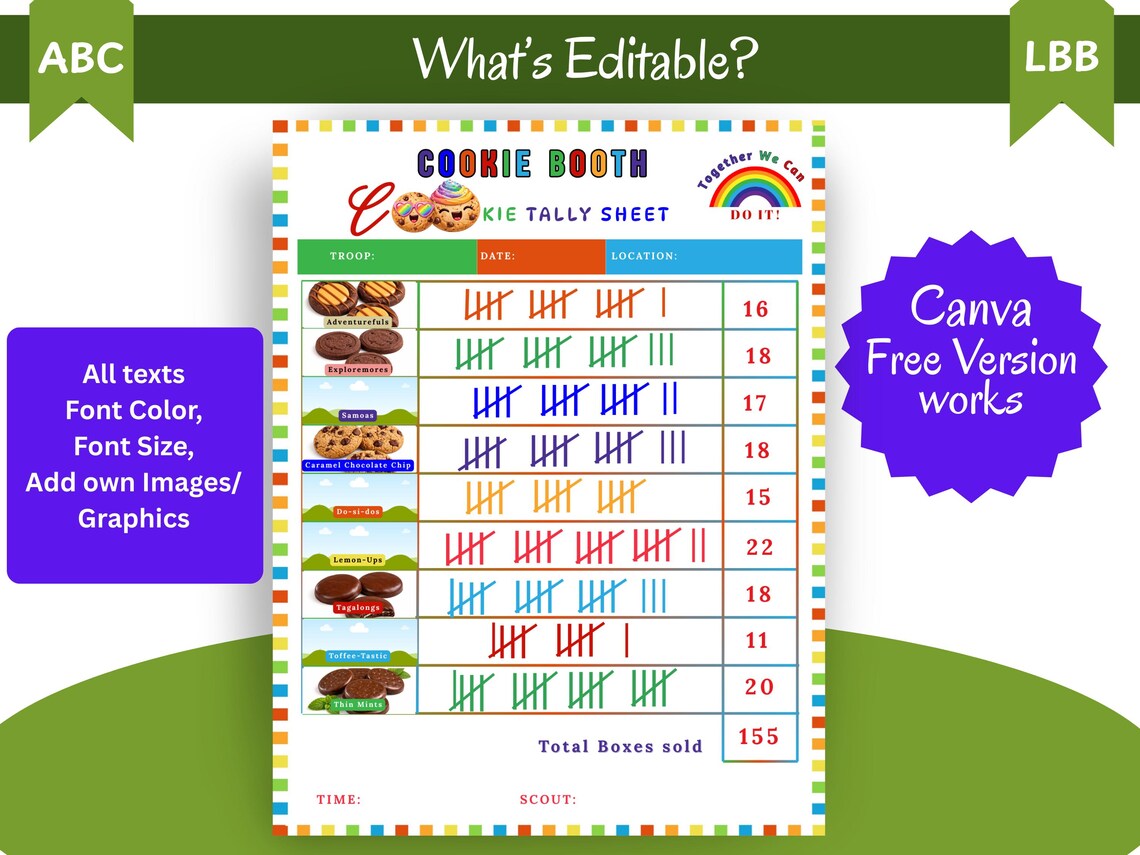 Girl Scout Cookie Tally Sheet, ABC & LBB, Editable Sales Tracker (canva ...