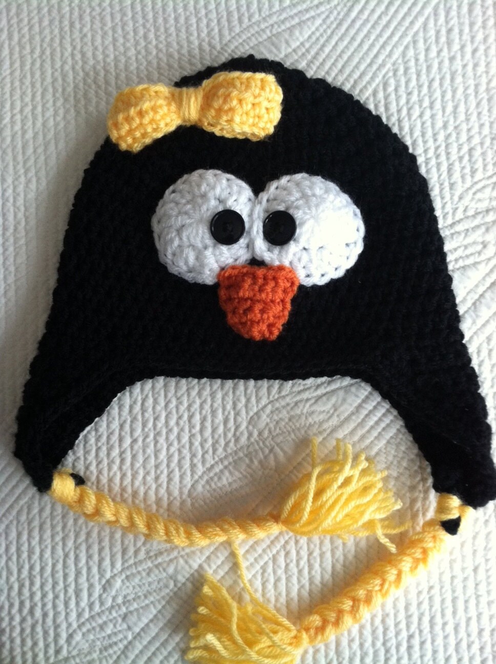 Fleece-lined Penguin Hat With Yellow Ribbon Child Animal Hat - Etsy