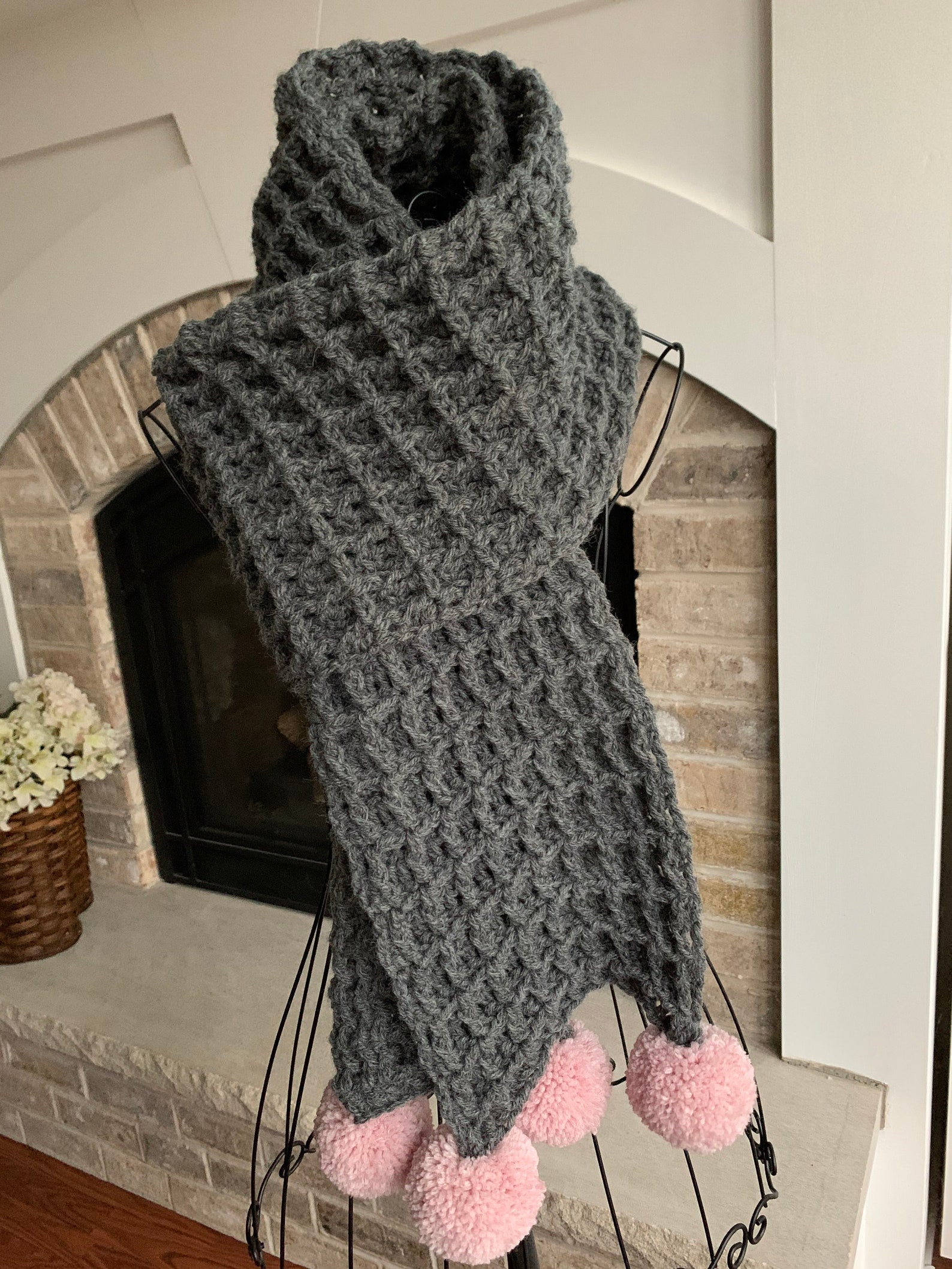 Crochet Pattern, Crochet Scarf Pattern, "waffle Scarf With Poms ...
