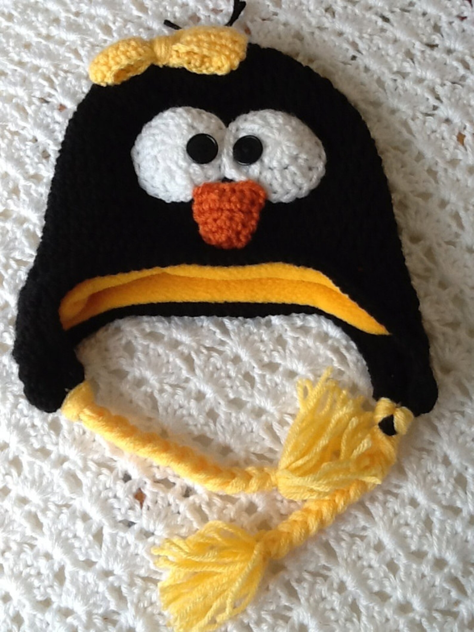 Fleece-lined Penguin Hat With Yellow Ribbon Child Animal Hat - Etsy