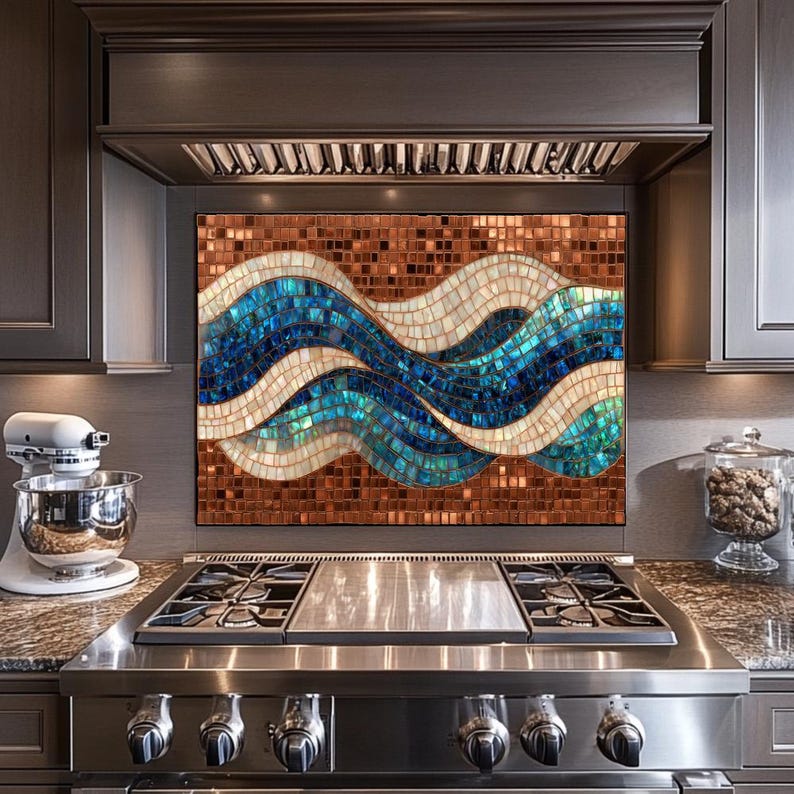 Mosaic Copper Ocean Wave Glass Backsplash • Coastal Wall Art Panel ...