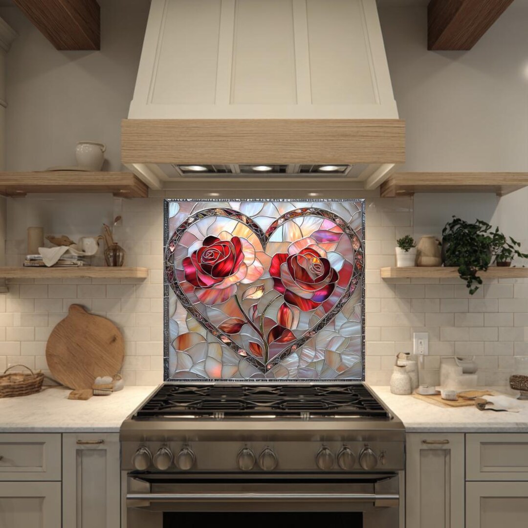 Rose Heart Stained Glass Backsplash, Made in USA, Romantic Floral ...