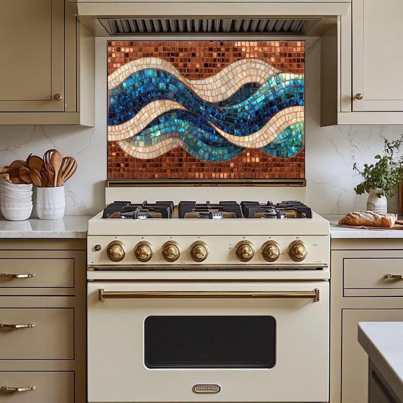 Mosaic Copper Ocean Wave Glass Backsplash • Coastal Wall Art Panel ...