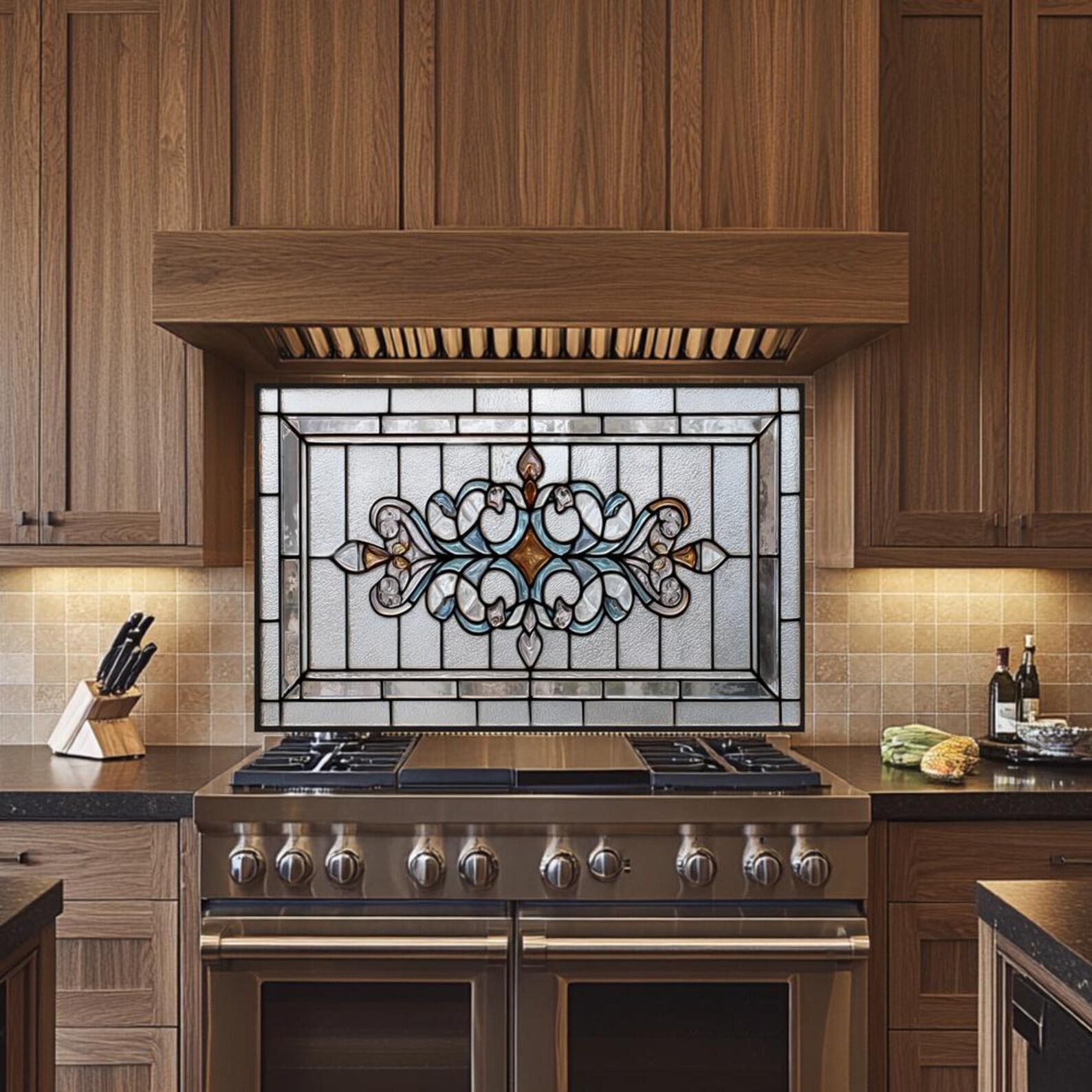 Classic Stained Look Glass Style Backsplash Panel, Tempered Glass Wall ...