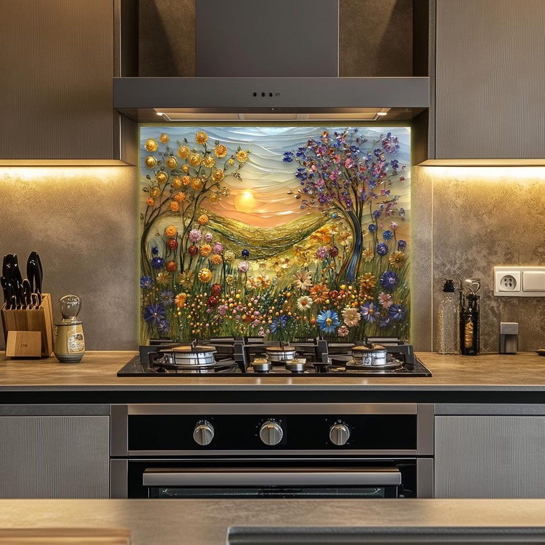 Glass Backsplash Wildflowers Backsplash Tile for Stove Behind and Wall ...