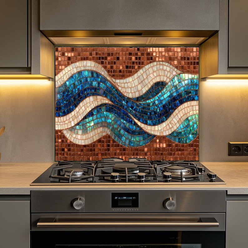 Mosaic Copper Ocean Wave Glass Backsplash • Coastal Wall Art Panel ...