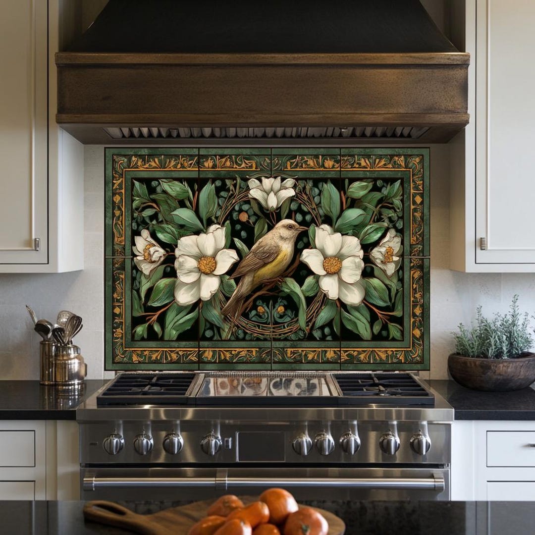 Bird and Floral Glass Backsplash Tile, Decorative Kitchen Wall Art ...