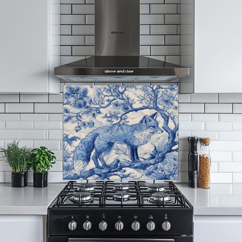 Delft Blue Fox Kitchen Glass Backsplash • Stove Behind Cover • Nature ...