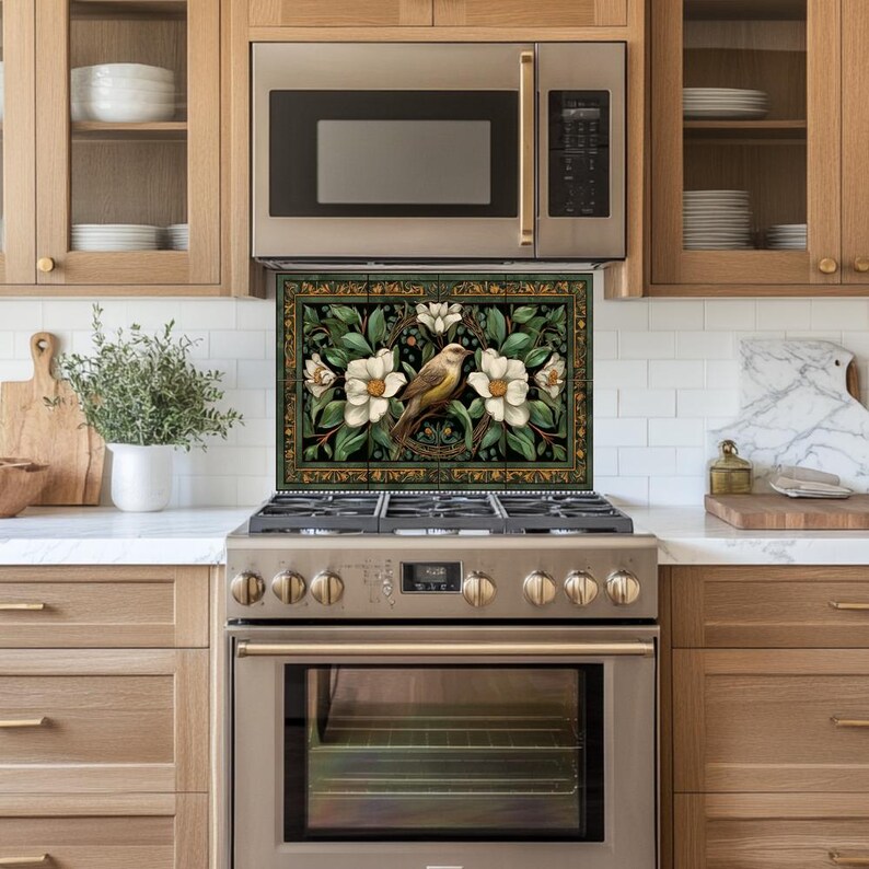 Bird and Floral Glass Backsplash Tile, Decorative Kitchen Wall Art ...