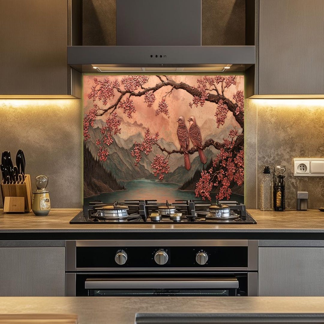 Copper Relief Birds Landscape Glass Backsplash, Nature Inspired Stove ...