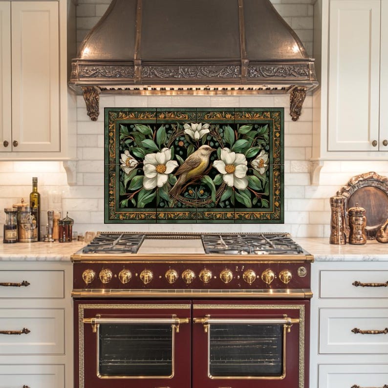 Bird and Floral Glass Backsplash Tile, Decorative Kitchen Wall Art ...
