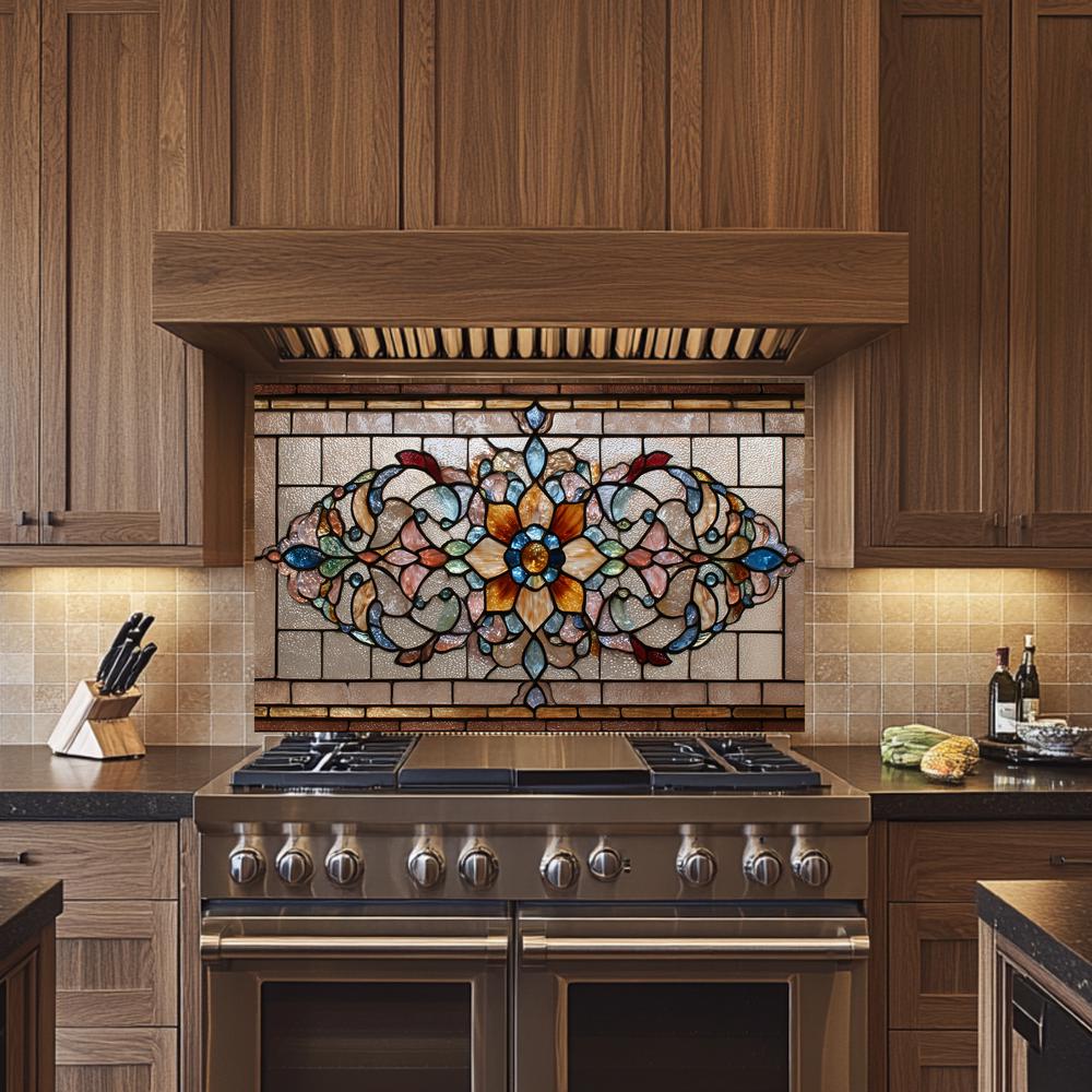 Kitchen Glass Backsplash With Stained Glass Style Design, UV Printed ...