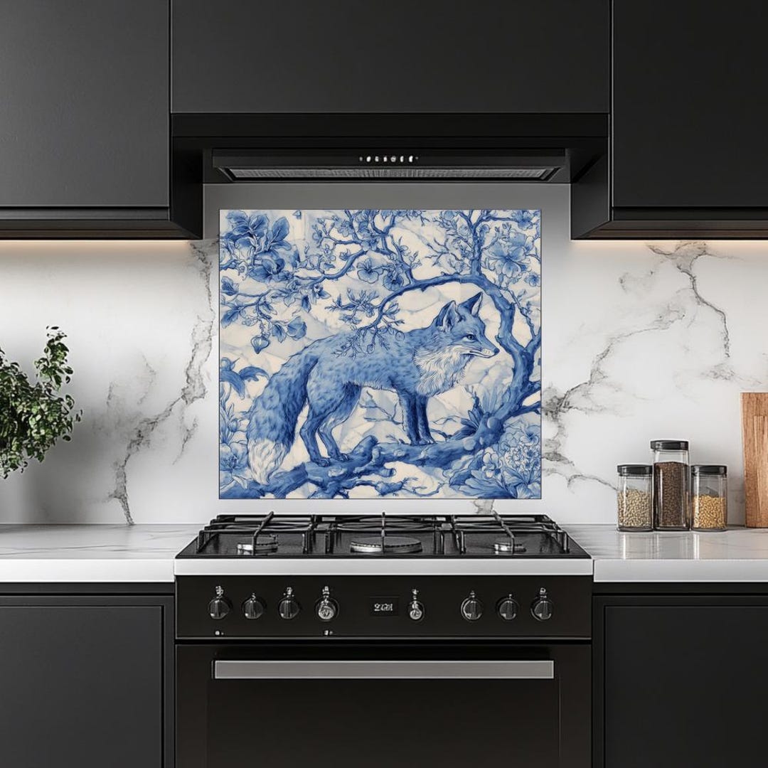 Delft Blue Fox Kitchen Glass Backsplash • Stove Behind Cover • Nature ...
