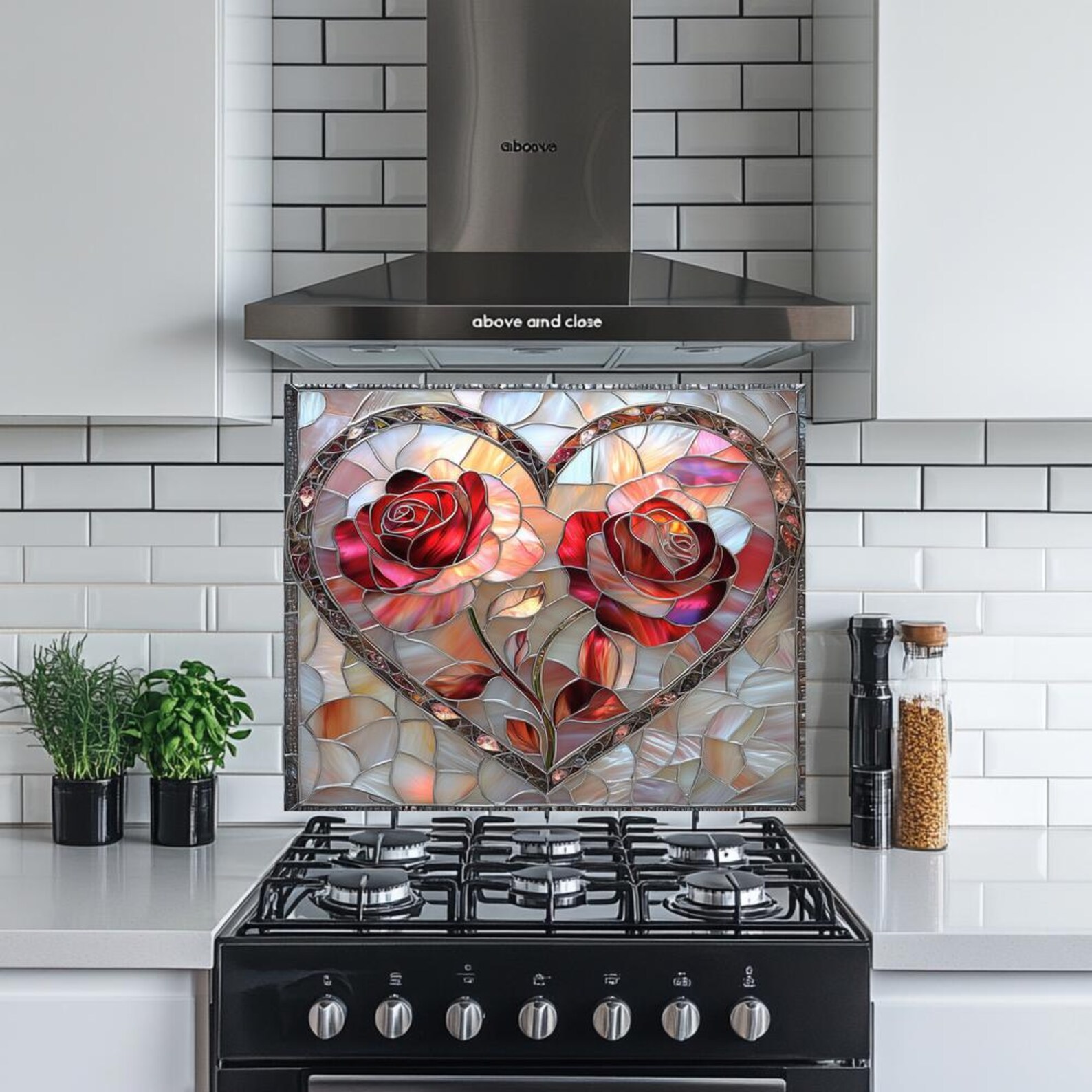 Rose Heart Stained Glass Backsplash, Made in USA, Romantic Floral ...