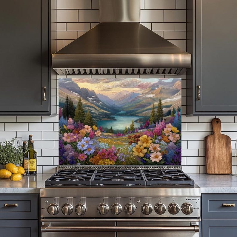 Mountain Lake Glass Backsplash, Floral Landscape Kitchen Wall Art ...