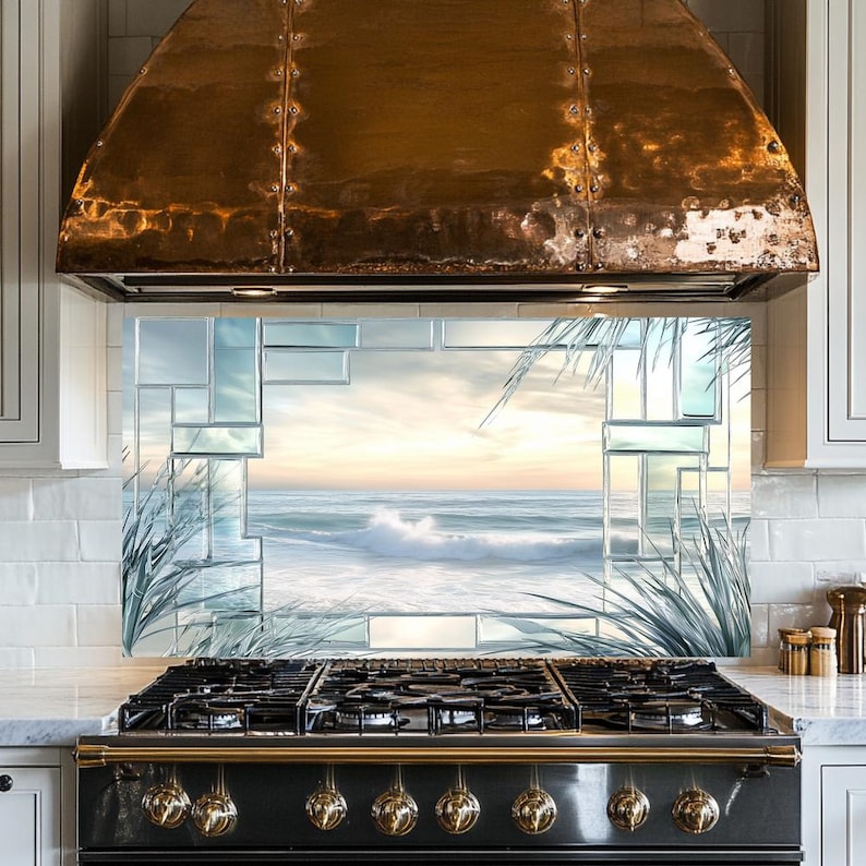 Ocean Landscape Scene Printed Tempered Glass Kitchen Backsplash ...