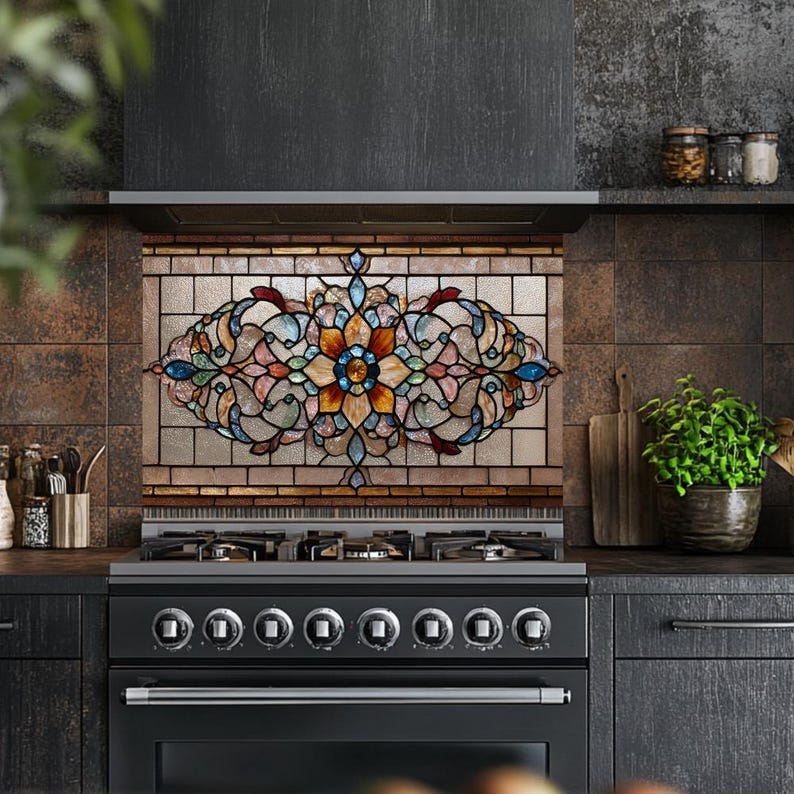 Kitchen Glass Backsplash With Stained Glass Style Design, UV Printed ...