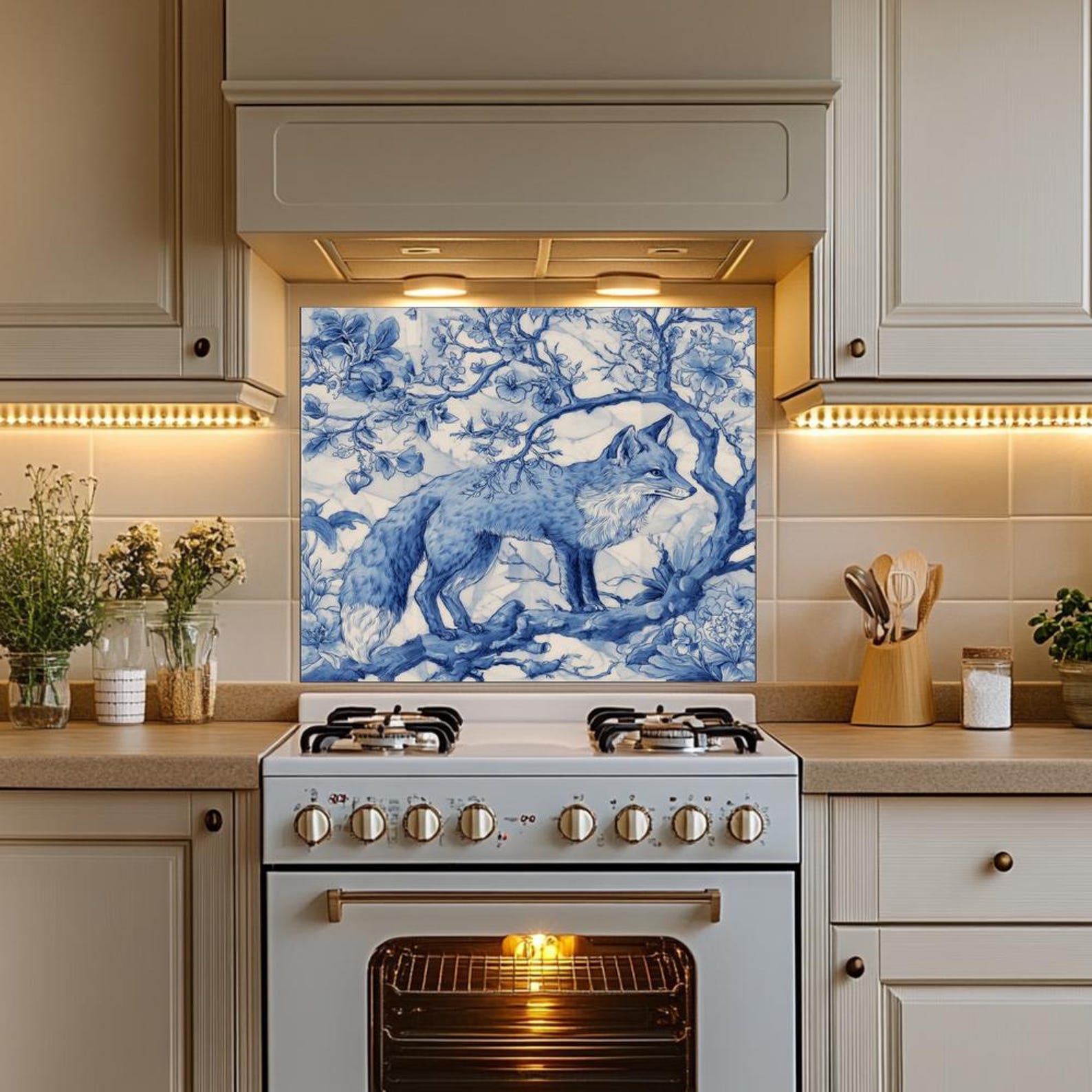 Delft Blue Fox Kitchen Glass Backsplash • Stove Behind Cover • Nature ...