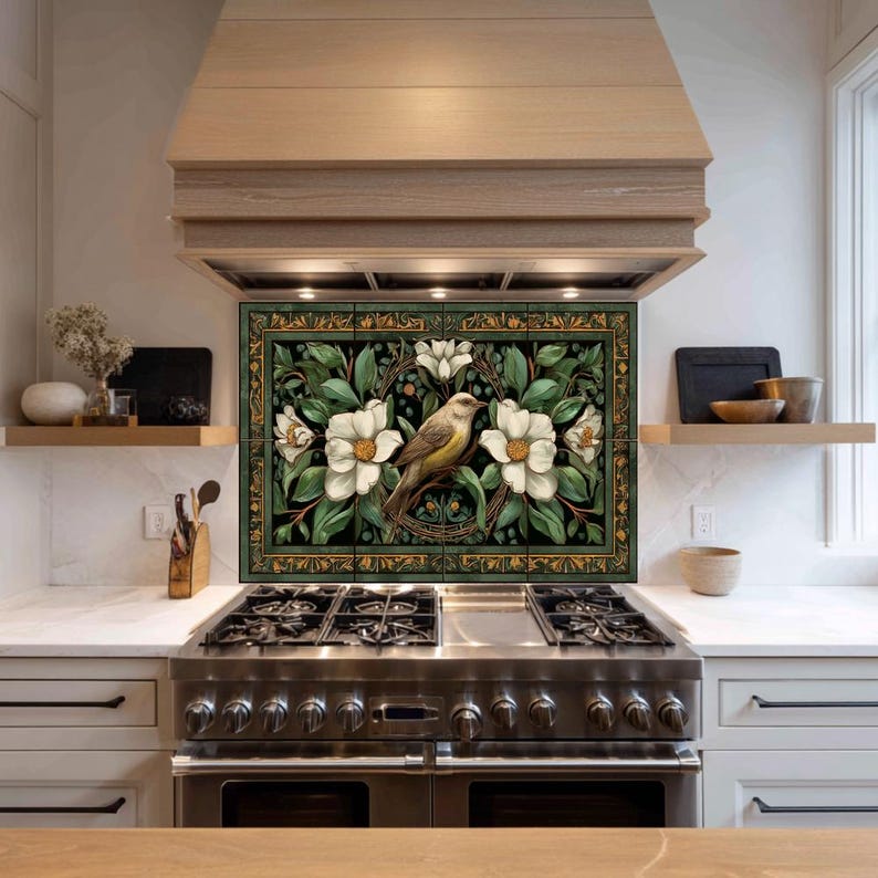 Bird and Floral Glass Backsplash Tile, Decorative Kitchen Wall Art ...