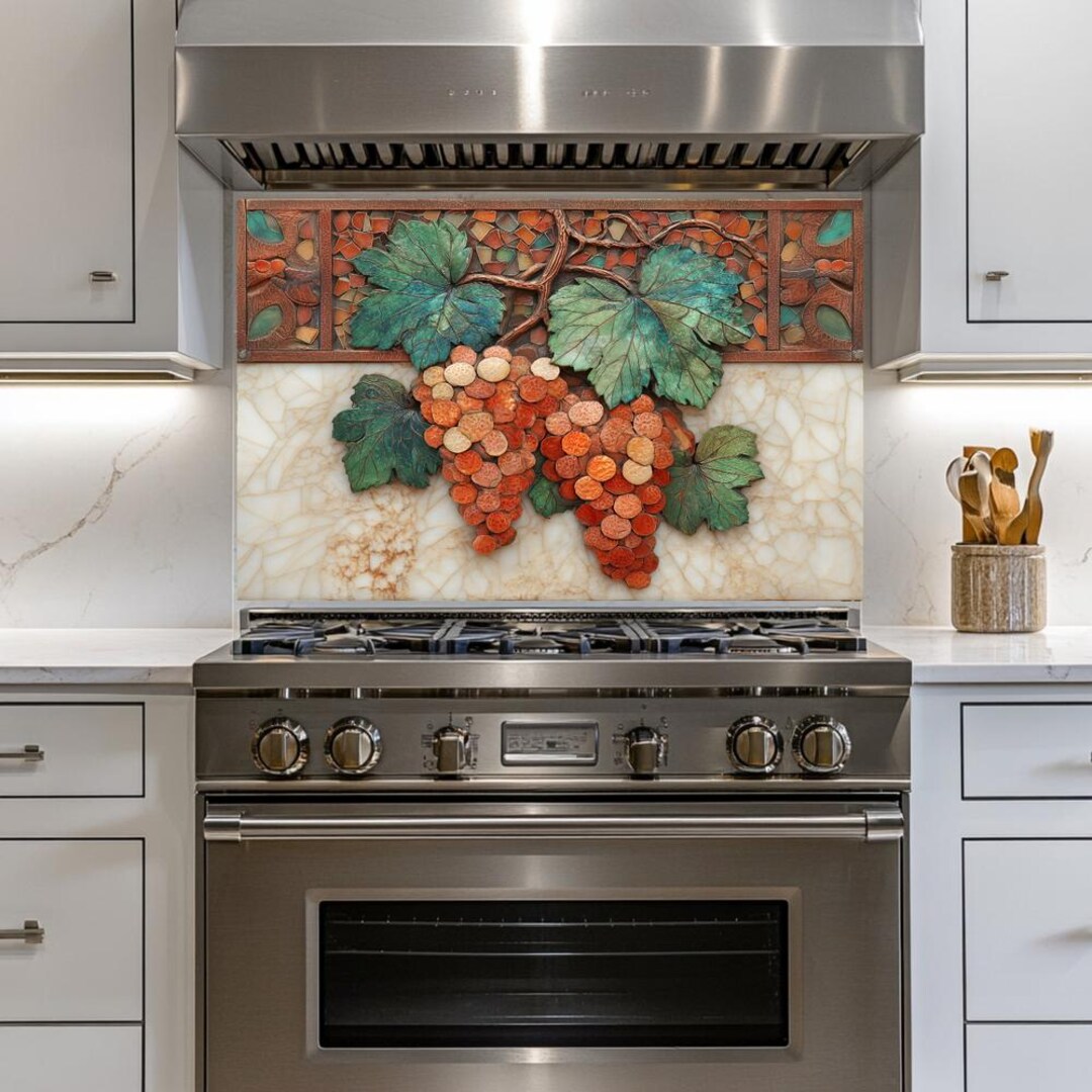 Copper Grape and Vine on Marble Design Printed Tempered Glass Kitchen ...