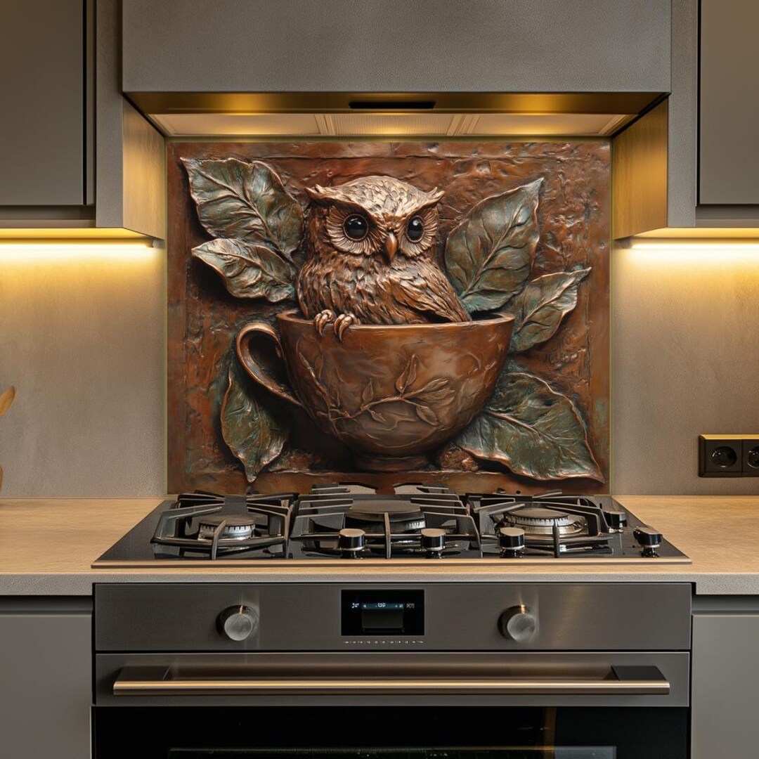 Rustic Owl Copper Look Glass Backsplash Panel, Embossed Style Owl Print ...