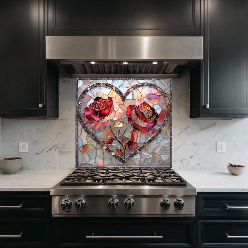 Rose Heart Stained Glass Backsplash, Made in USA, Romantic Floral ...