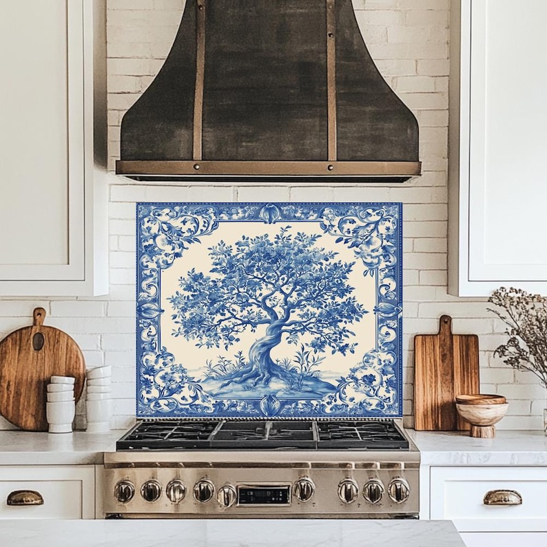 Delft Blue Tree of Life Kitchen Glass Backsplash for Stove Behind Cover ...