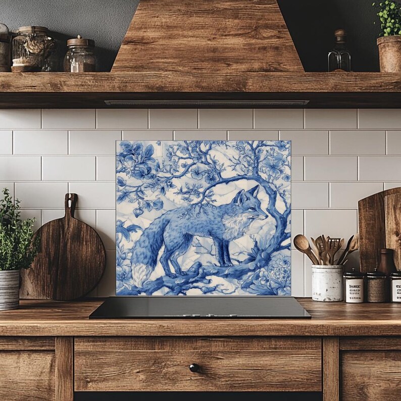 Delft Blue Fox Kitchen Glass Backsplash • Stove Behind Cover • Nature ...