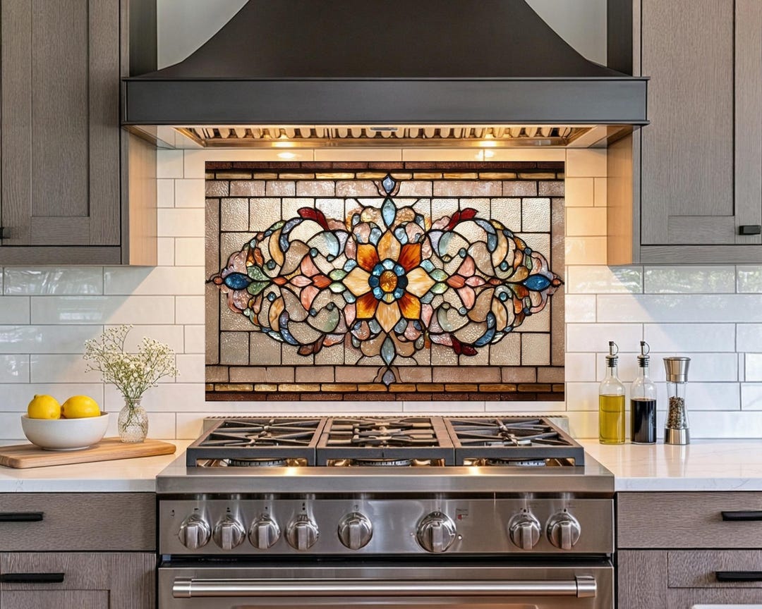 Kitchen Glass Backsplash With Stained Glass Style Design, UV Printed ...