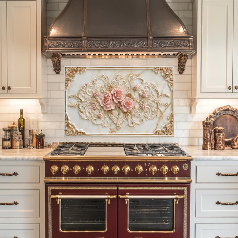 Rose Floral Glass Backsplash, 3D Relief Marble Style Wall Art ...