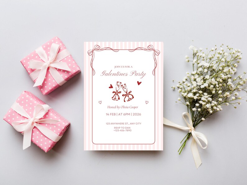 Editable Galentine's Day Invitation, Pink Bow, Canva Template ...