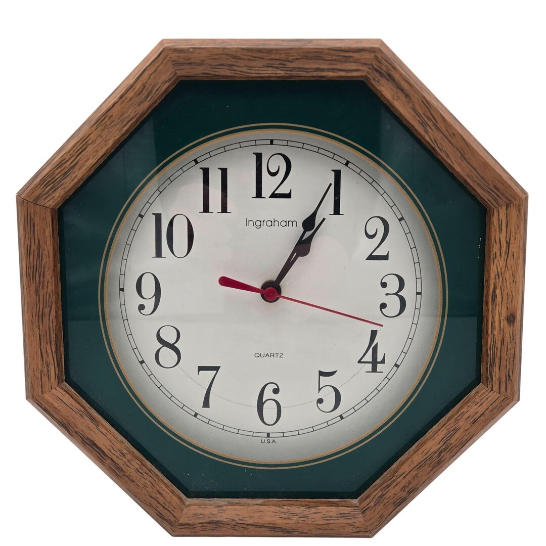 Ingraham Octagon Quartz Wall Clock 11" With Wood Frame & Green Accents ...