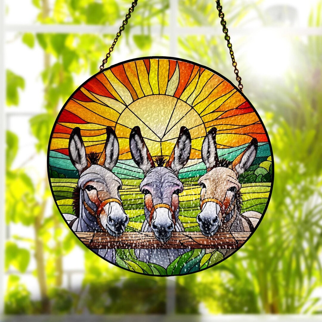 Funny Donkeys Suncatcher, Glass Window Hanging Art, Sunburst Farmhouse ...