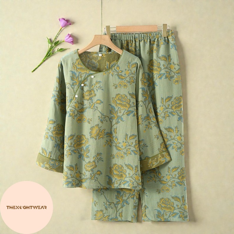 Muslin Cotton Pajama Set: Retro Bamboo Print Cotton Loungewear - Etsy