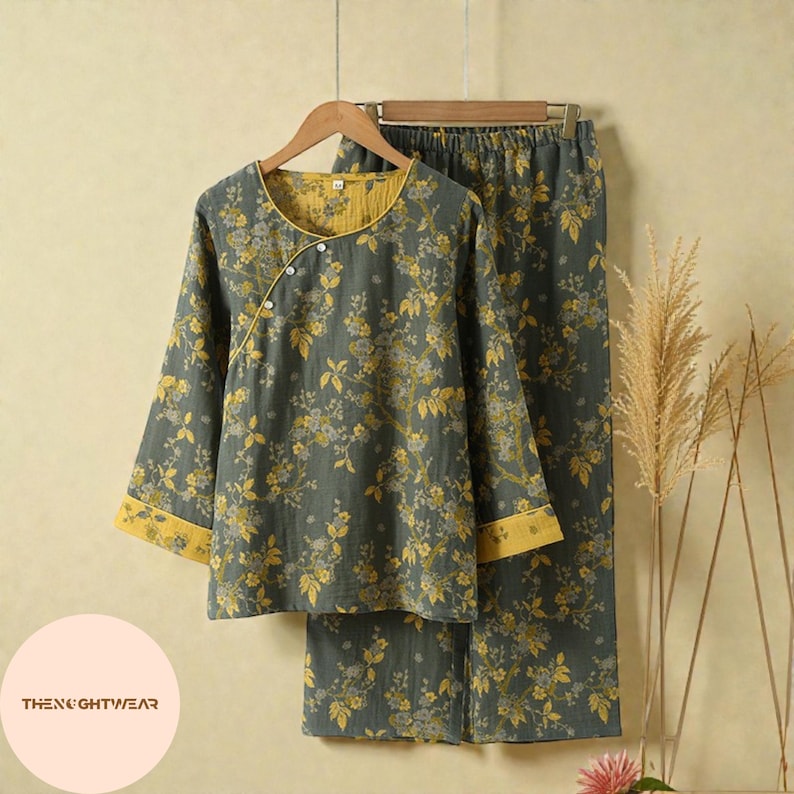 Muslin Cotton Pajama Set: Retro Bamboo Print Cotton Loungewear - Etsy